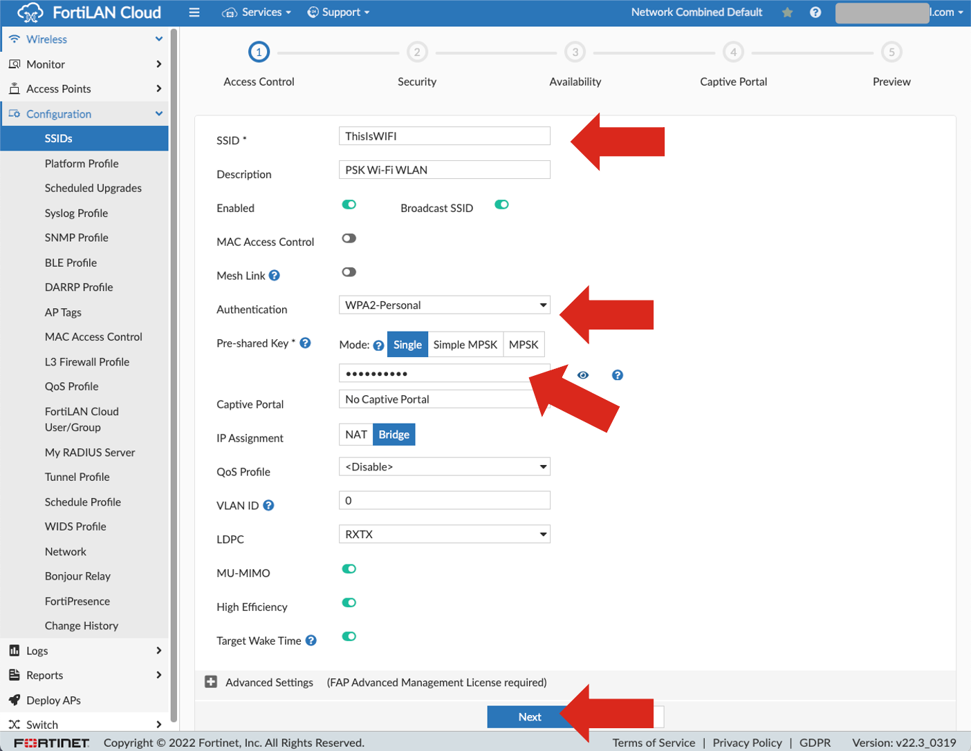 Configure an SSID with Pre-Shared Key/WPA-Personal Authentication | FortiLAN Cloud 24.2.0 ...